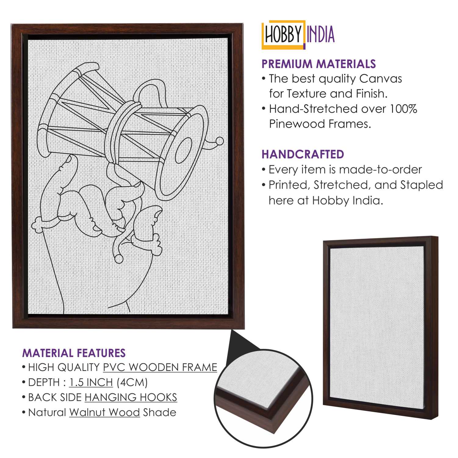 Damaru Kerala Murals DIY Framed Canvas Base for Painting– Hobby Decor ...